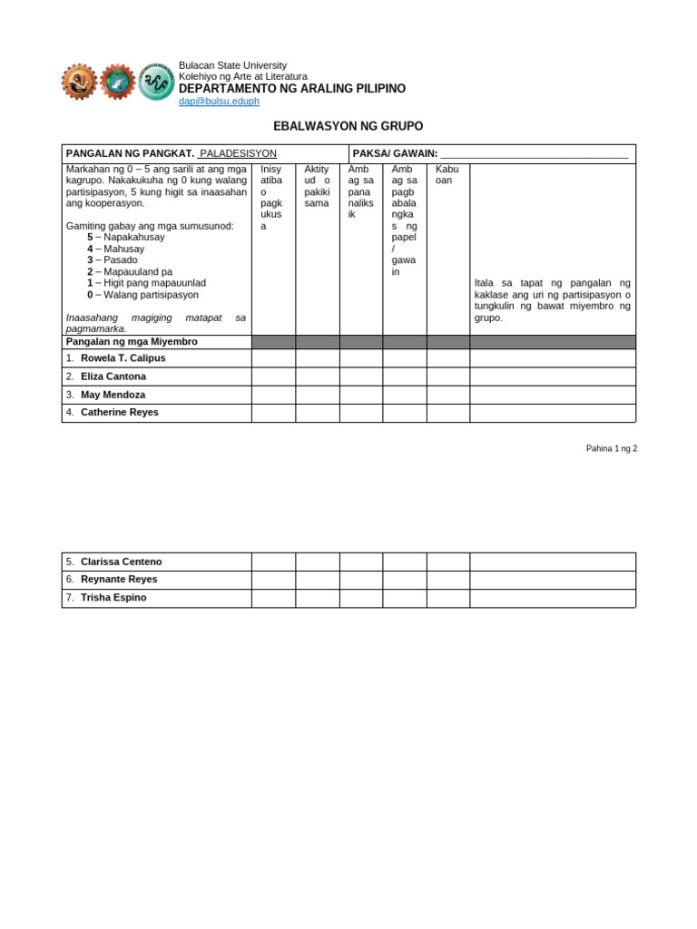 PID 101_Peer Evaluation Form | PDF