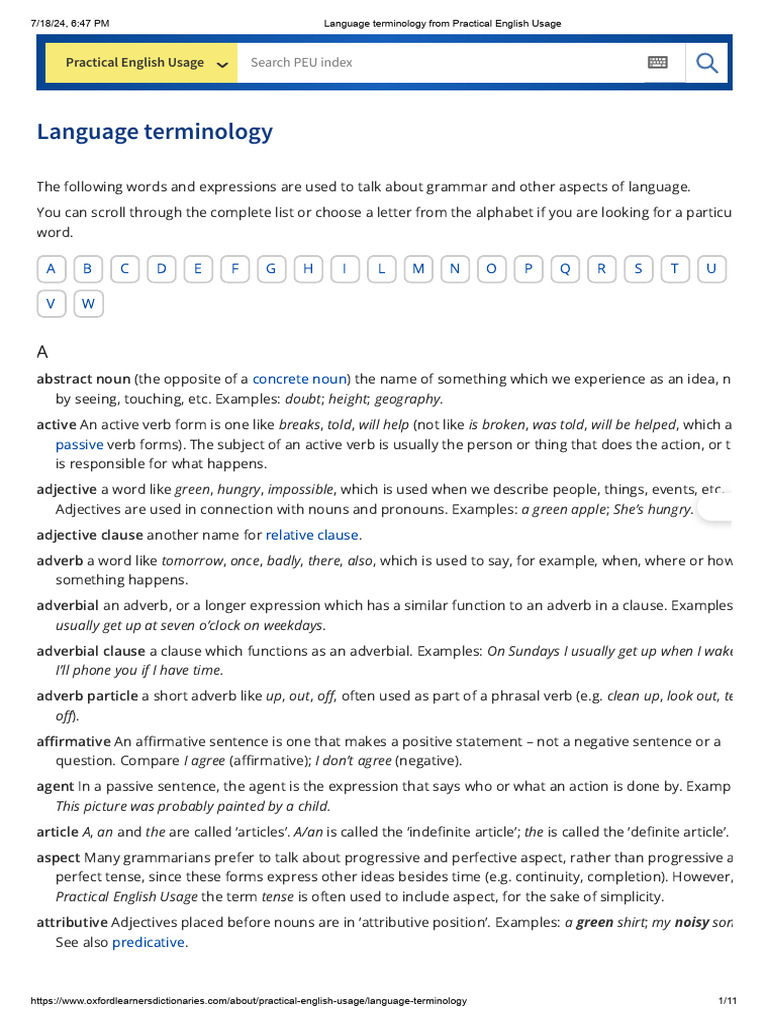 Language Terminology From Practical English Usage | PDF | Verb | Adjective
