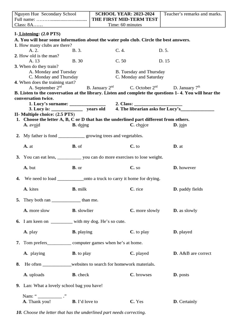 ĐỀ KT - GKI ANH 8 - 2023-2024 | PDF | Linguistics | Grammar