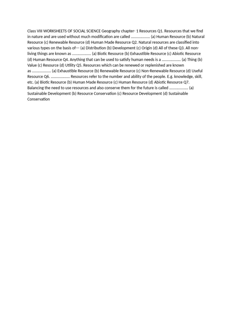 Class VIII WORKSHEETS OF SOCIAL SCIENCE Geography Chapter | PDF ...
