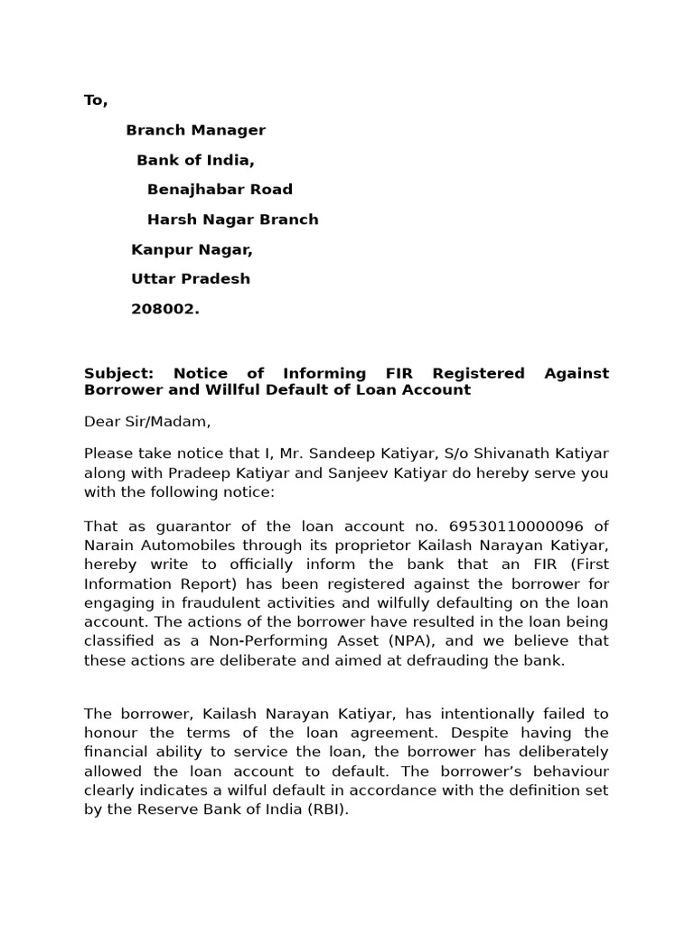 FIR Intimation Notice | PDF | Loans | Banks