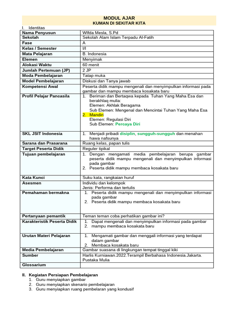Modul Ajar Kelas 1 SD Bab 3 | PDF
