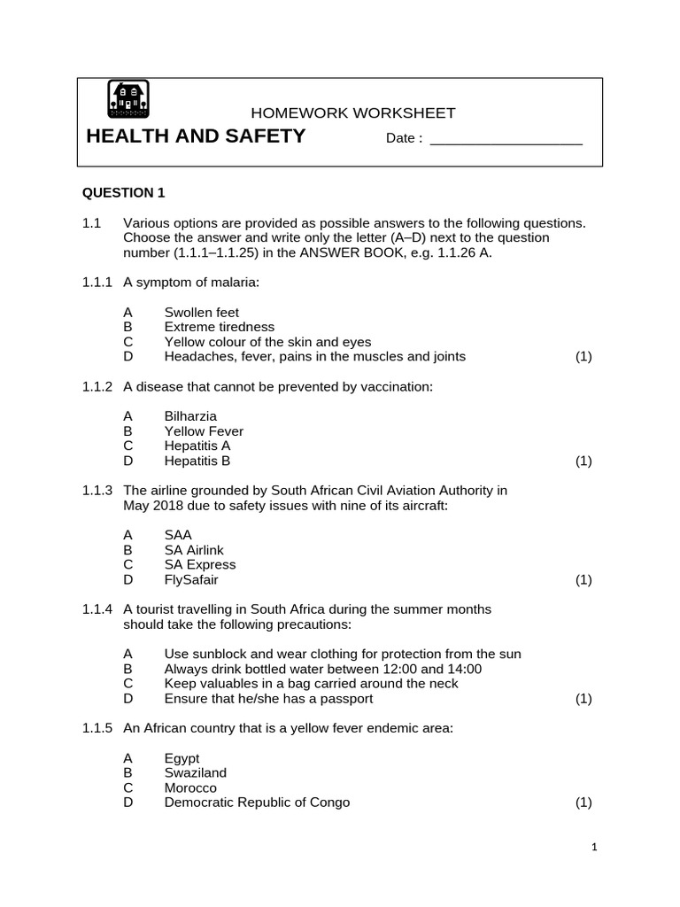 HOMEWORK WORKSHEET Health and Safety | PDF | Yellow Fever | Malaria