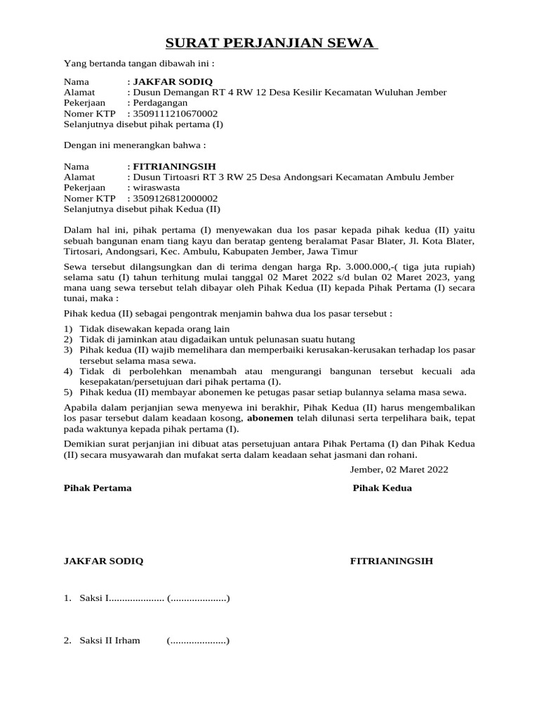 SURAT PERJANJIAN SEWA | PDF