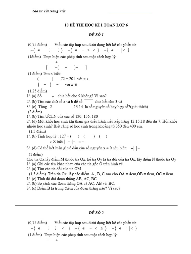 10 de Thi Toan Hoc Ki 1 Lop 6 10 de Thi hk1 Toan 6 | PDF