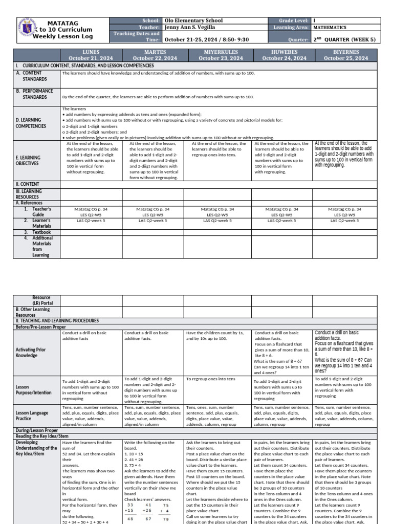 DLL-MATATAG MAth-1 Q2 W5 | PDF | Behavior Modification | Cognition