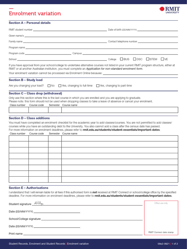 RMIT Enrolment Variation Form Guide | PDF | Diploma | Postgraduate ...