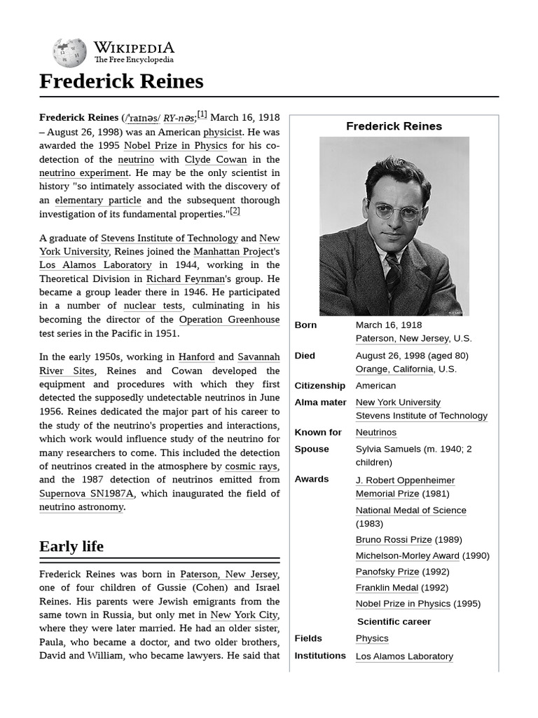 Frederick Reines | PDF | Nuclear Physics | Physical Sciences