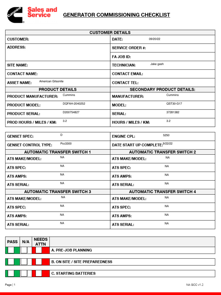 American Gilsonite Commissioning Checklist | PDF | Electric Generator ...