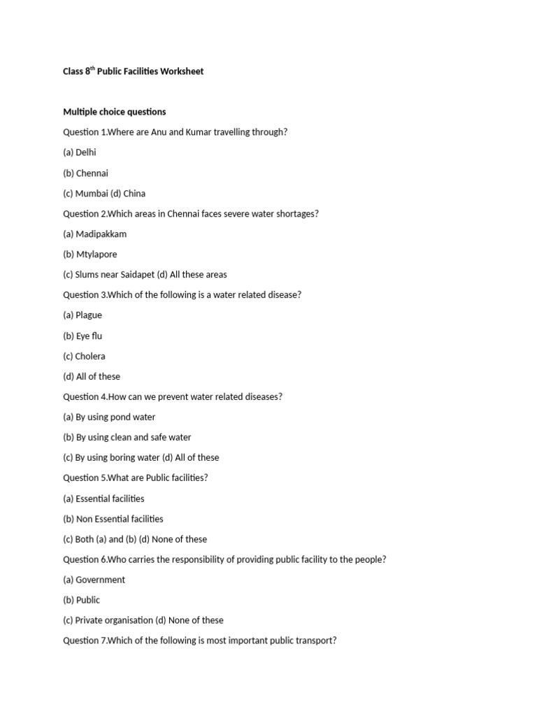 Class 8 Public Facilities Worksheet | PDF | Water | Water Supply