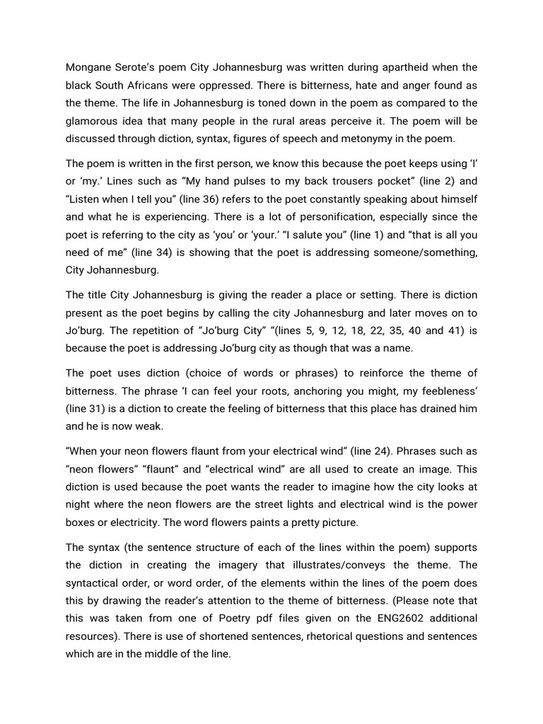 CITY JOBURG POEM | PDF