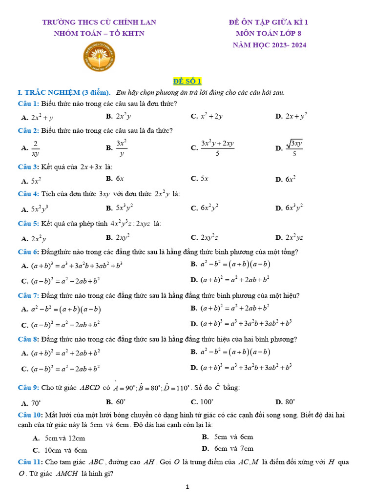 10 de On Tap Giua Ki 1 Toan 8 Nam 2023 2024 Truong Thcs Cu Chinh Lan Thanh Hoa | PDF