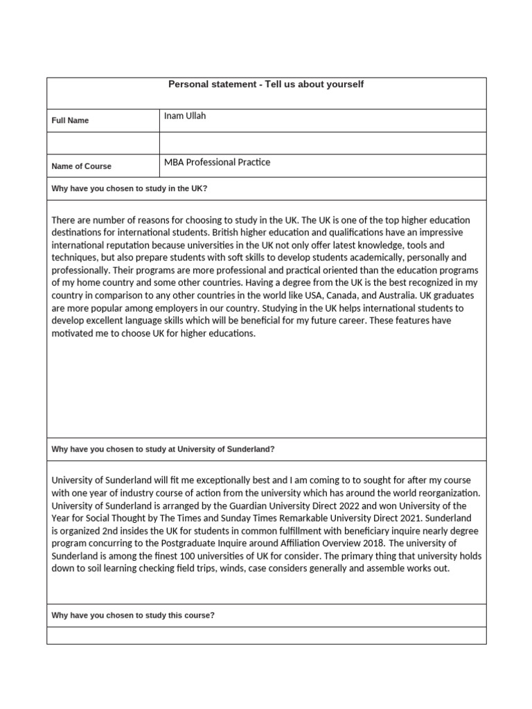 MBA Personal Statement for UK Study | PDF | Master Of Business ...