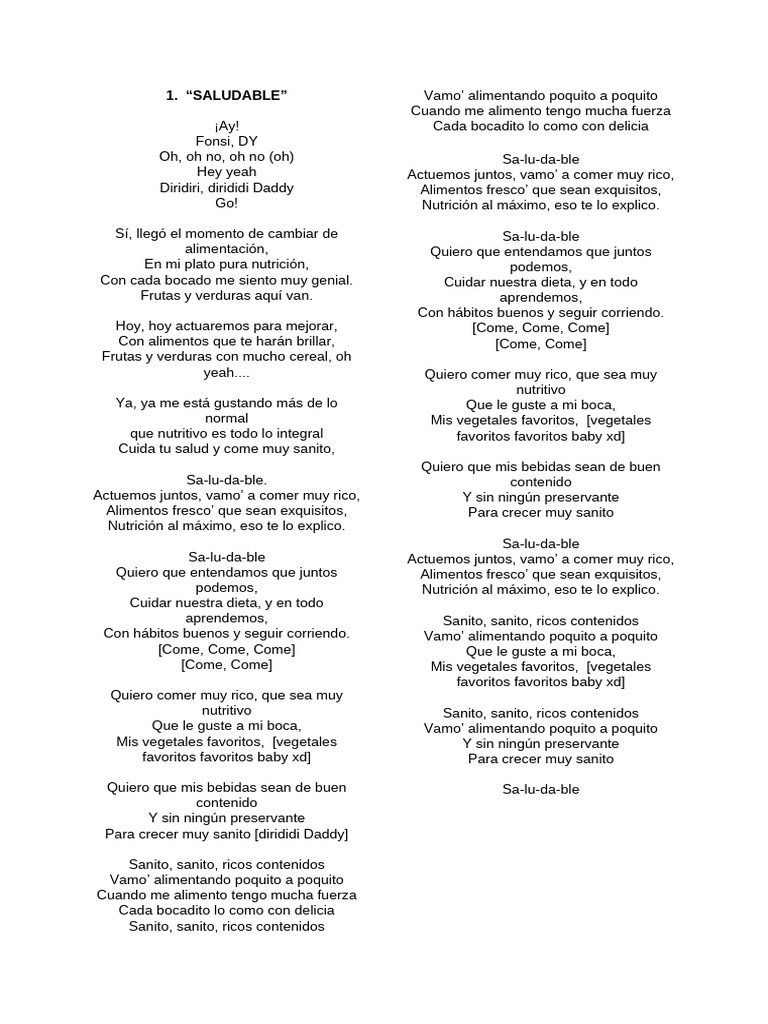 Canción sobre Alimentación Saludable | PDF | Nutrición | Dieta y nutrición