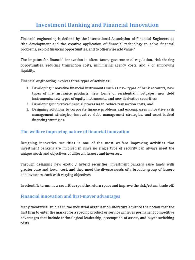 Financial Innovation in Investment Banking | PDF | Securitization ...