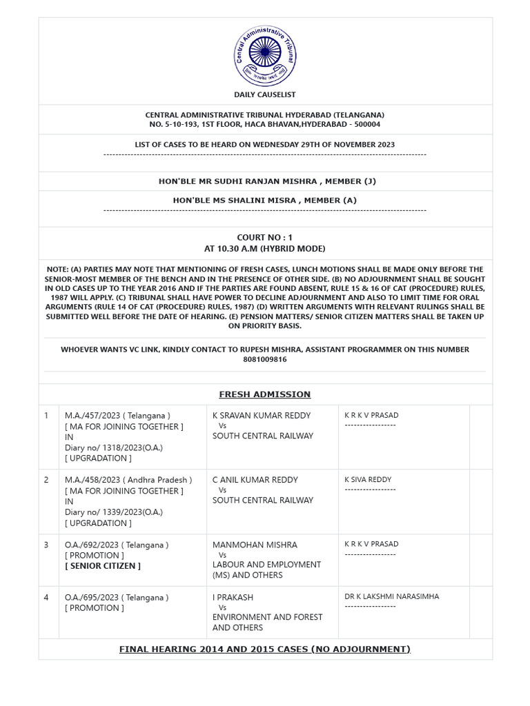CAT Hyderabad Daily Cause List - Nov 29, 2023 | PDF