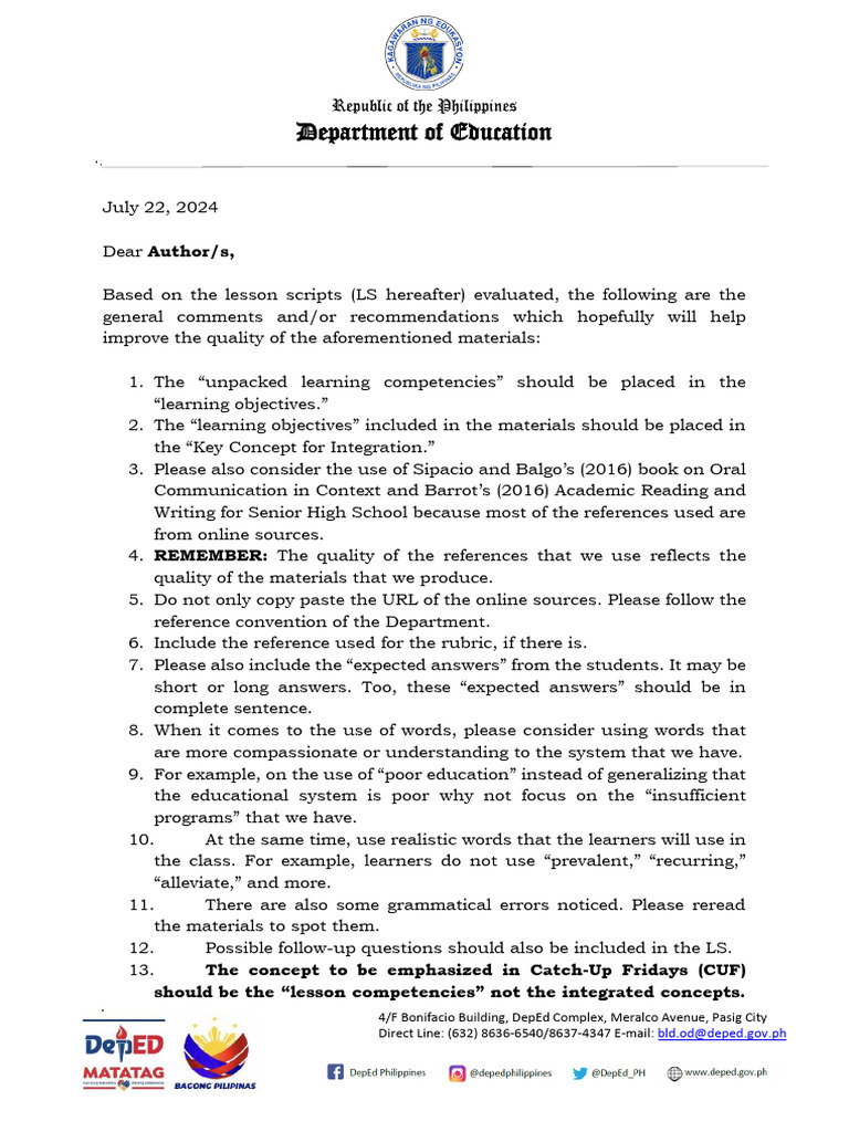 Lesson Scripts - General CommentsRecommendations (SHS CUF) | PDF ...