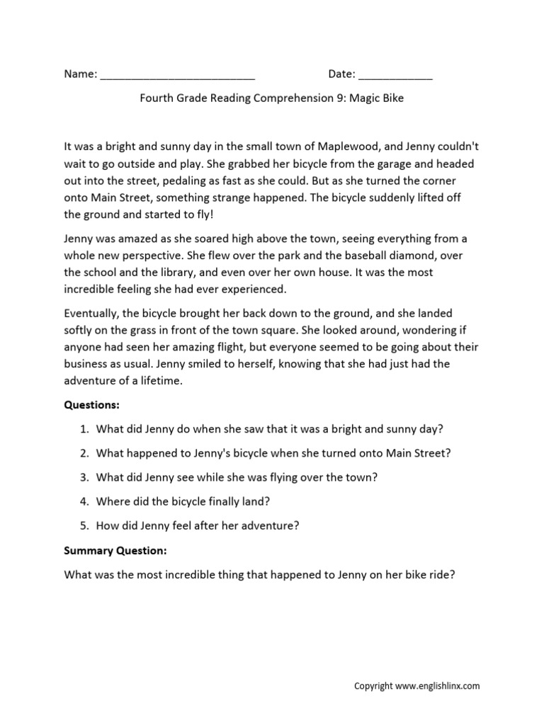Reading Comprehension Grade 4 Magic Bike 9 | PDF | Art | Mystery ...