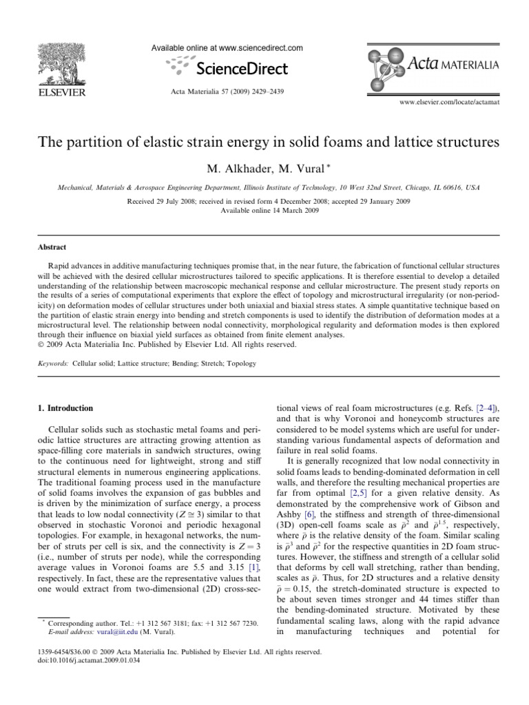 The Partition of Elastic Strain Energy in Solid Foams and Lattice ...