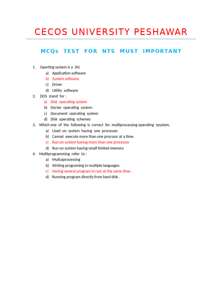 CECOS University NTS MCQs on Operating Systems | PDF