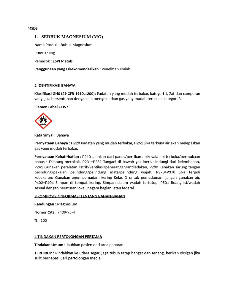 MSDS Serbuk Magnesium dan Bahayanya | PDF