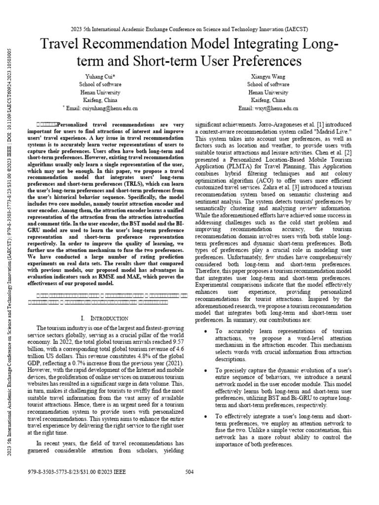 Travel Recommendation Model Integrating Long-Term and Short-Term User Preferences | PDF ...