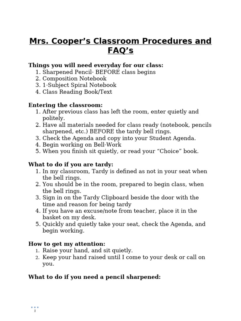 Mrs. Cooper's Classroom Procedures Guide | PDF | Classroom