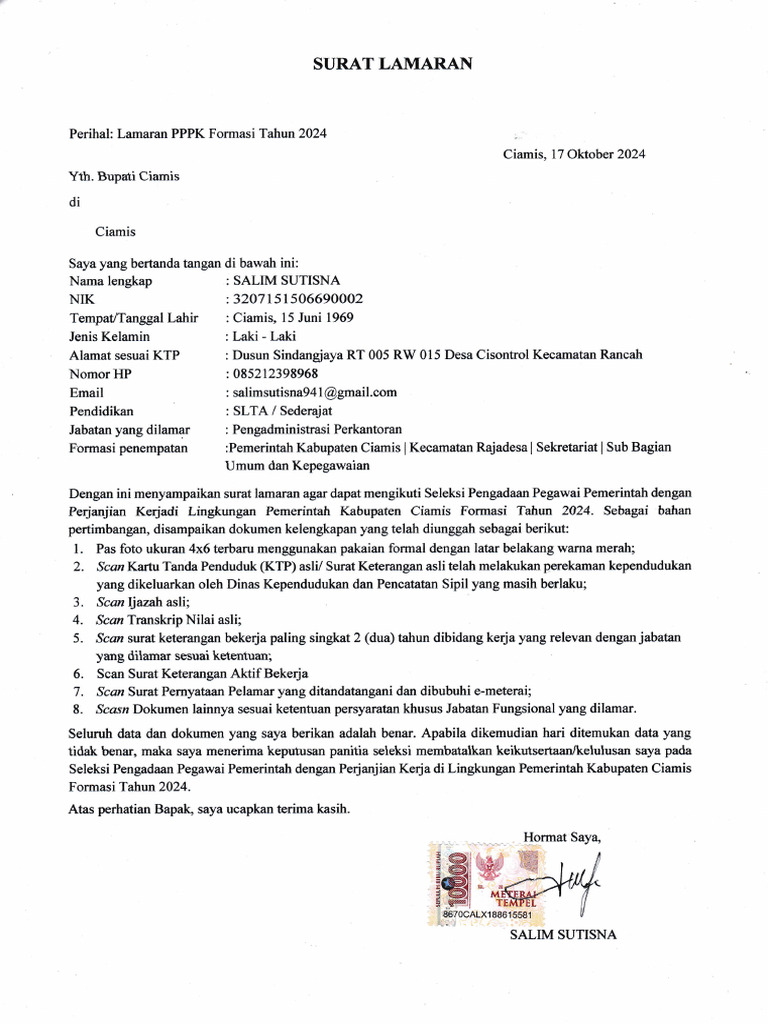 Surat Lamaran Pak Salim SS | PDF | Hukum