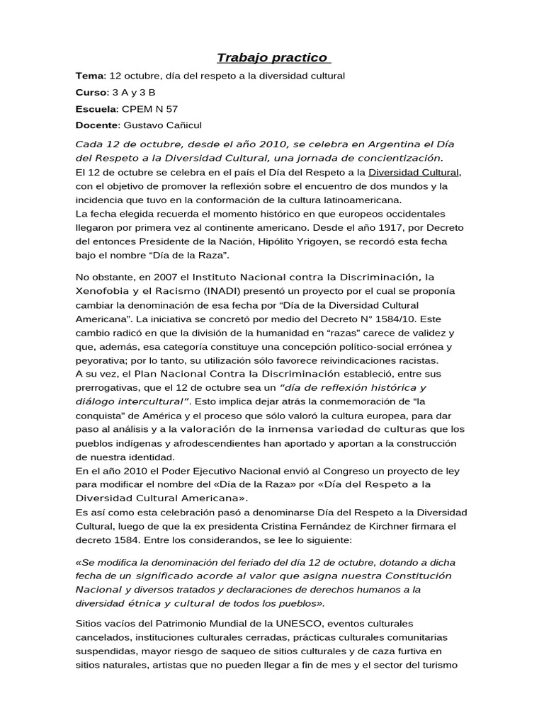 Día del Respeto a la Diversidad Cultural trabajo practico 8 | PDF | Racismo | Discriminación y ...