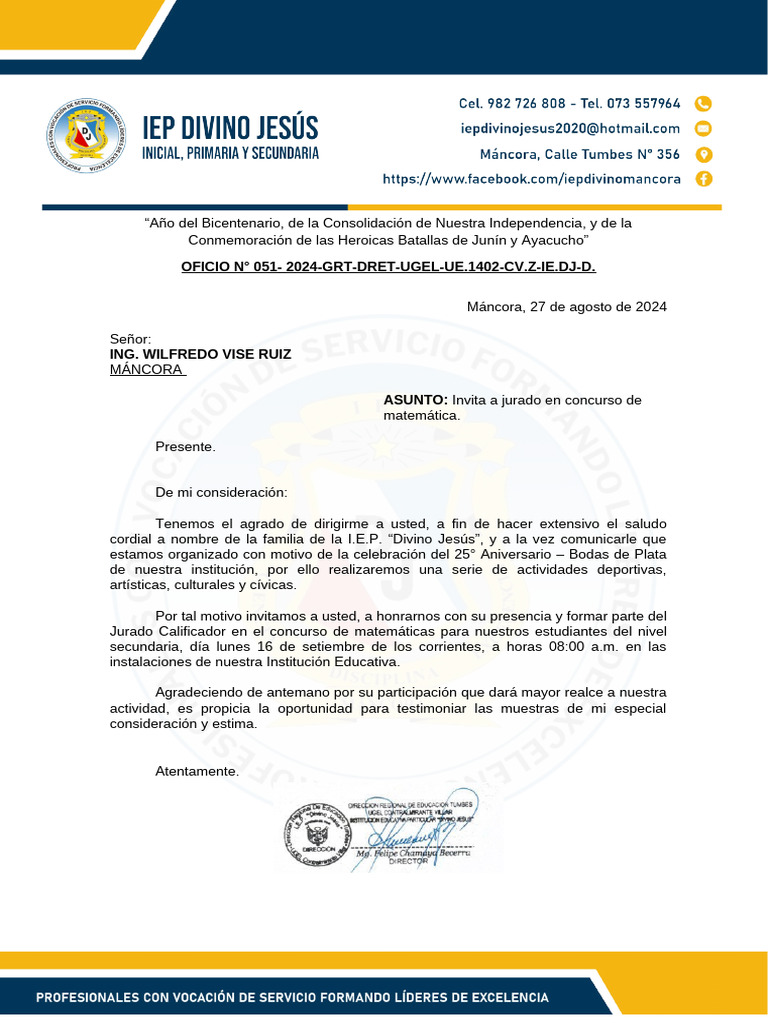 OFICIO #051 - 2024-GRT-DRET-UGEL-UE.1402-CV.Z-IE - DJ-D. Invita A Jurado en Concurso de ...