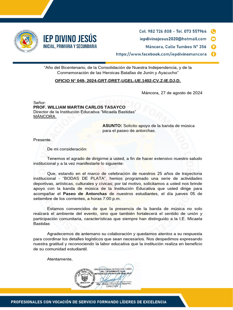 OFICIO #049 - 2024-GRT-DRET-UGEL-UE.1402-CV.Z-IE - DJ-D. Solicito Apoyo de La Banda de Música ...