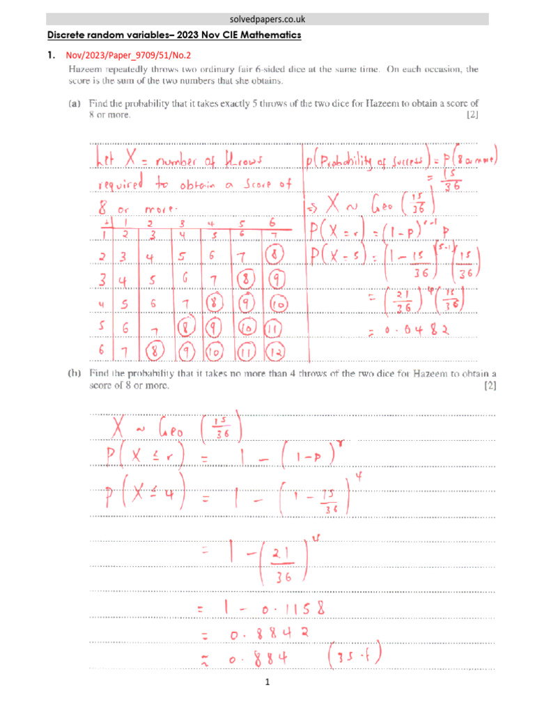2023N Discrete Random Variables As Math 9709 Solved | PDF