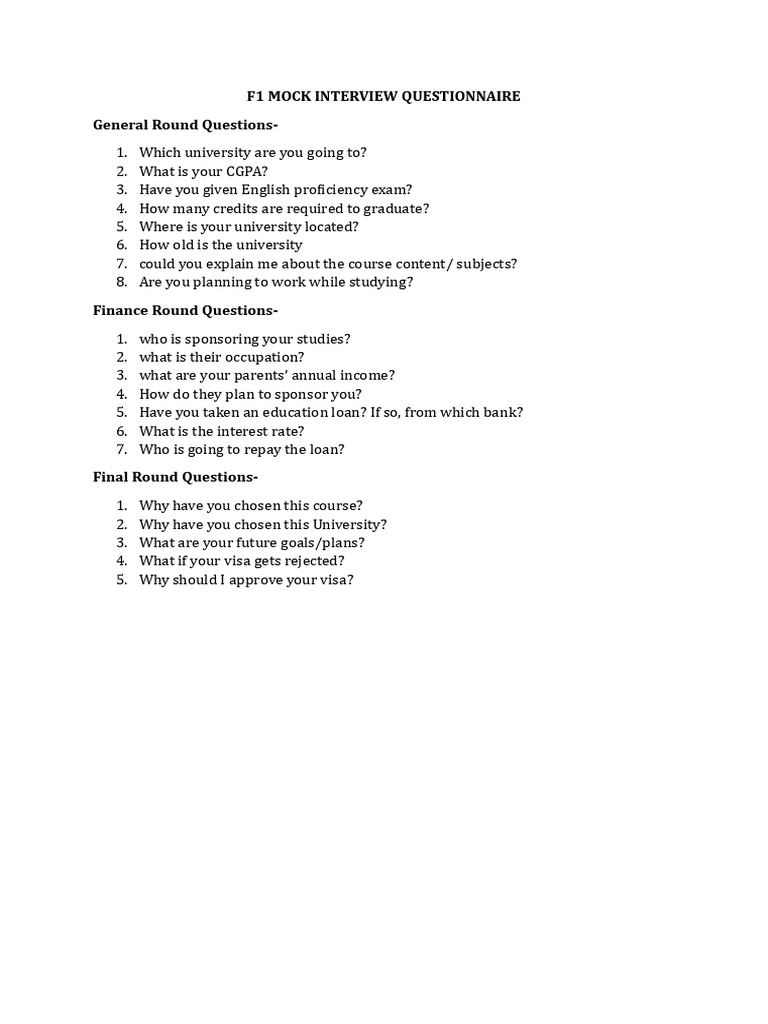 F1 Mock Interview Questionnaire+ Docx Checklist | PDF