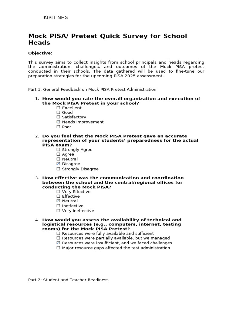 School Heads Mock PISA Pretest Quick Survey | PDF | Programme For ...