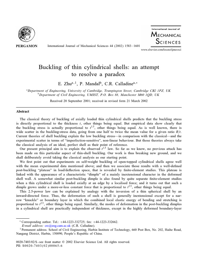 Buckling of Thin Cylindrical Shells | PDF | Buckling | Physical Sciences