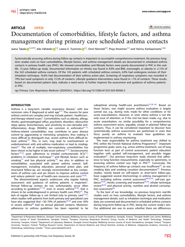 Documentation of Comorbidities, Lifestyle Factors, and Asthma Management During Primary Care ...