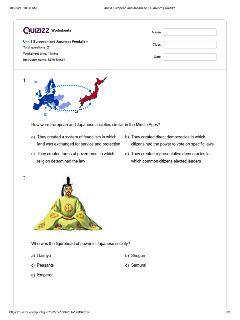 Unit 3 European and Japanese Feudalism - Quizizz | PDF | Crusades | Samurai