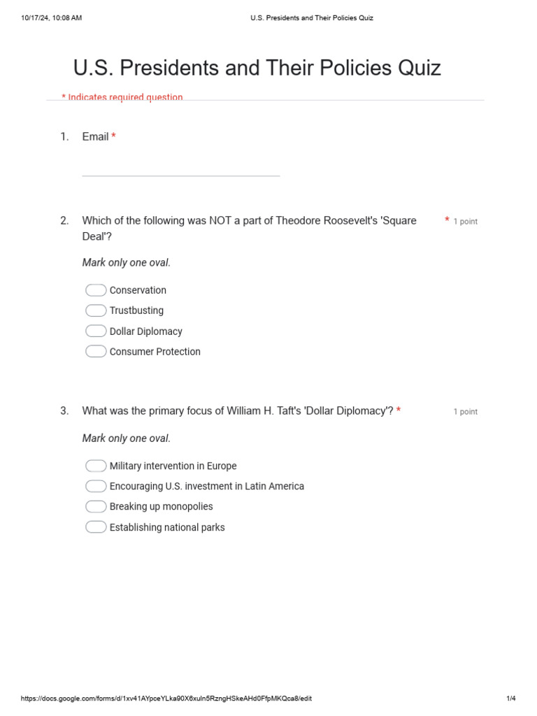 Progressive Era Presidents and Foreign Policy Quiz - Google Forms | PDF ...
