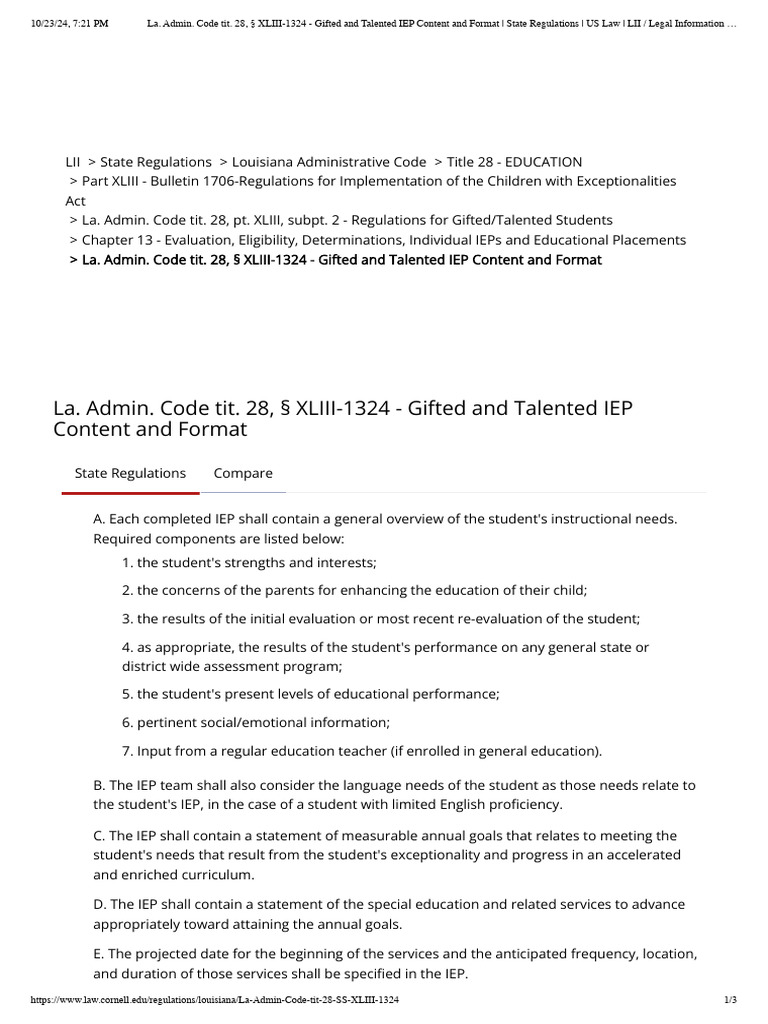 La. Admin. Code Tit. 28, XLIII-1324 - Gifted and Talented IEP Content ...