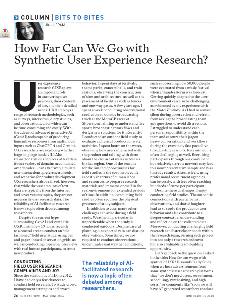 How Far Can We Go With Synthetic User Experience Research?: Bits To ...