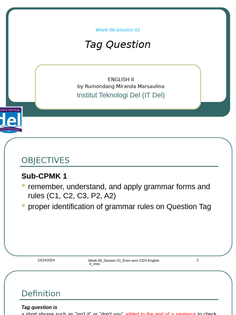Week 06-Session 01-Tag Questions | PDF | Subject (Grammar) | Verb