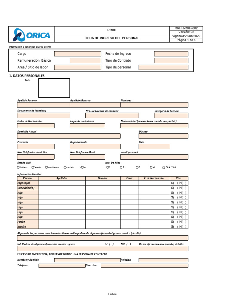 Ficha de Ingreso de Personal | PDF
