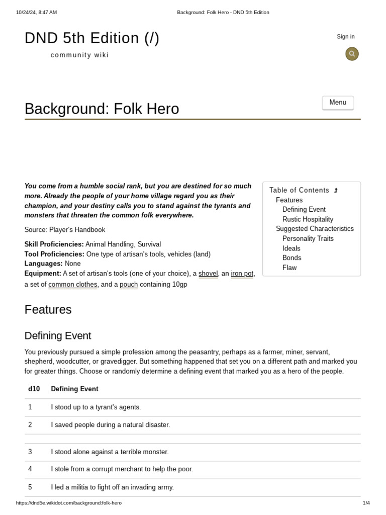 Background - Folk Hero - DND 5th Edition | PDF