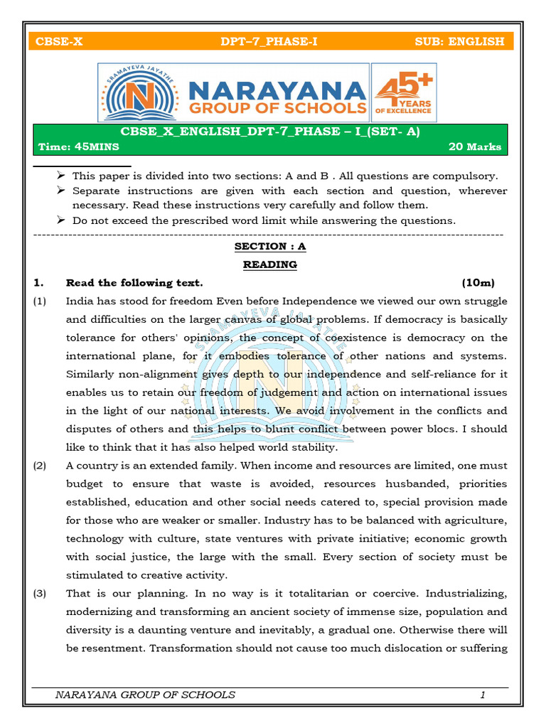 Cbse X English DPT-7 Phase-I Set-A 16-10-2024 QP | PDF | Democracy | Political Ideologies