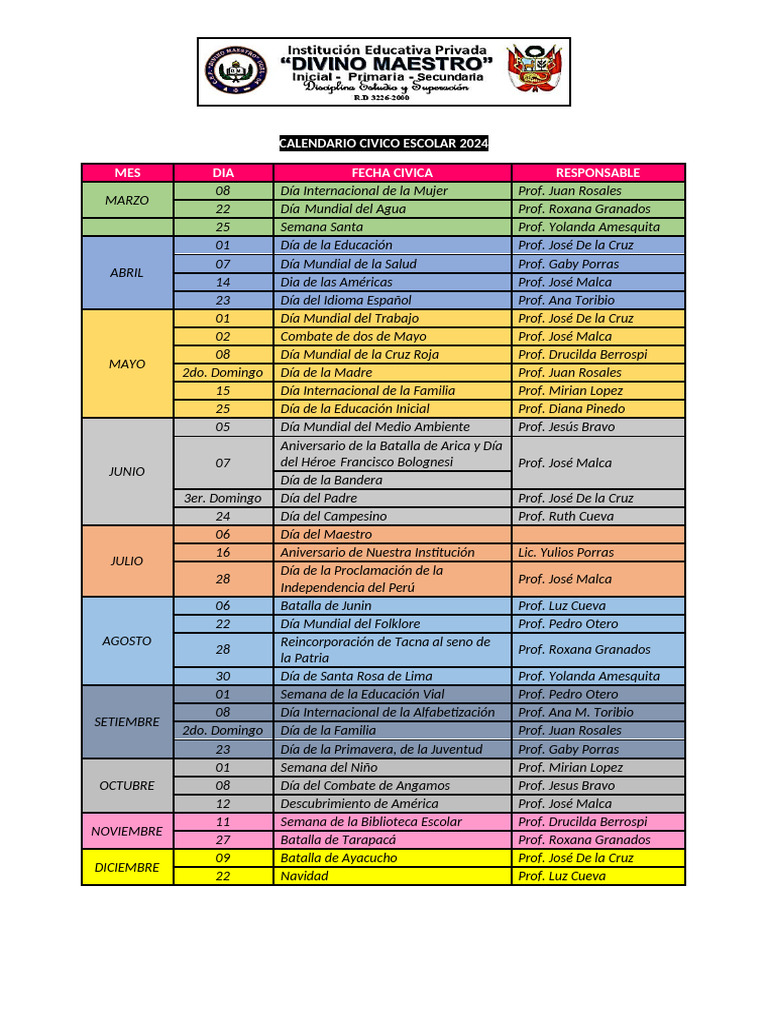 Calendario Civico Escolar 2024 | PDF | América del Sur | Perú