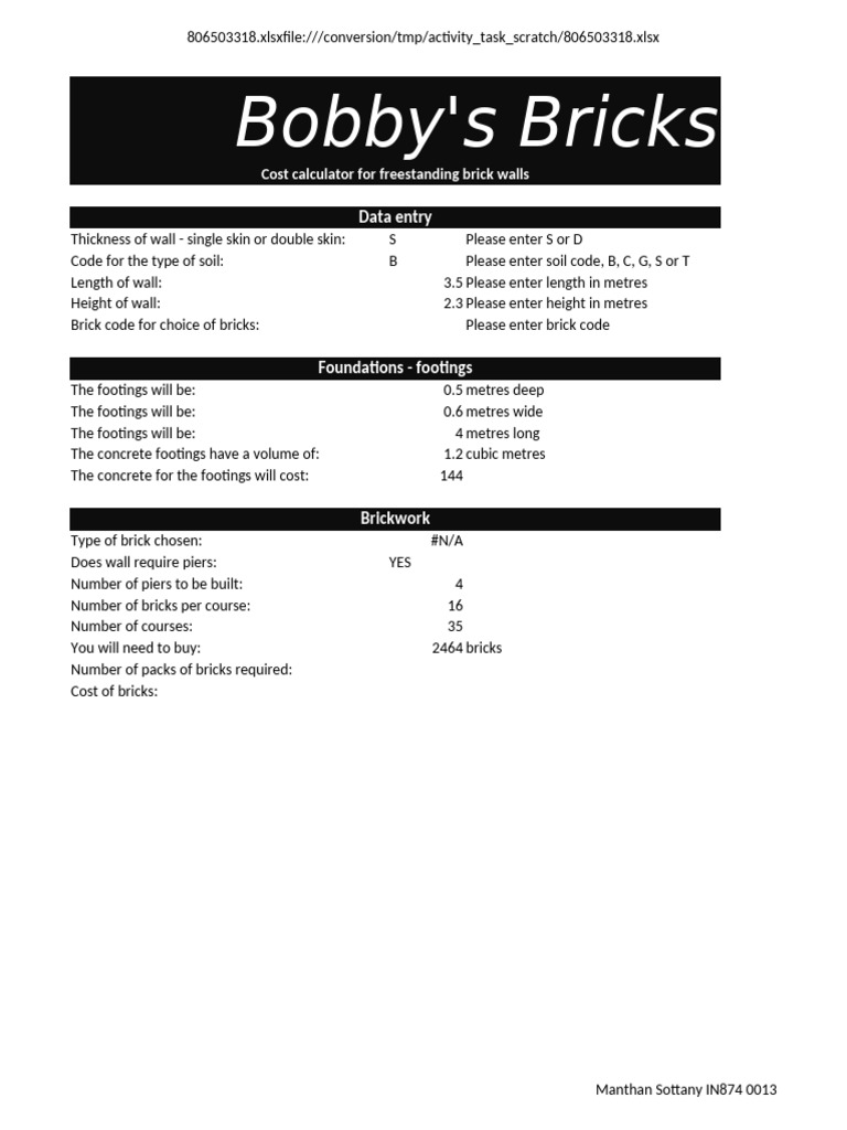 Bobby's Bricks: Data Entry | PDF