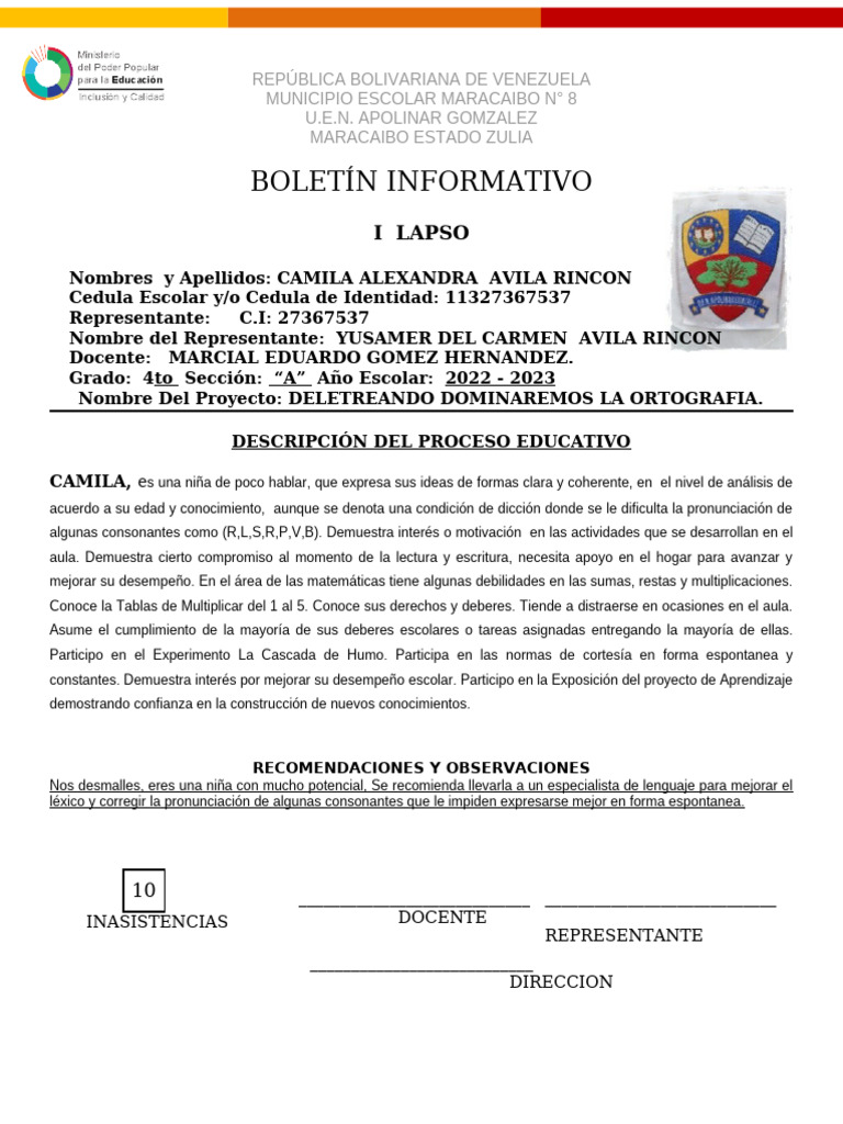 Boletín Informativo Primer Lapso Apolinar Gonzalez 4to Grado | PDF ...