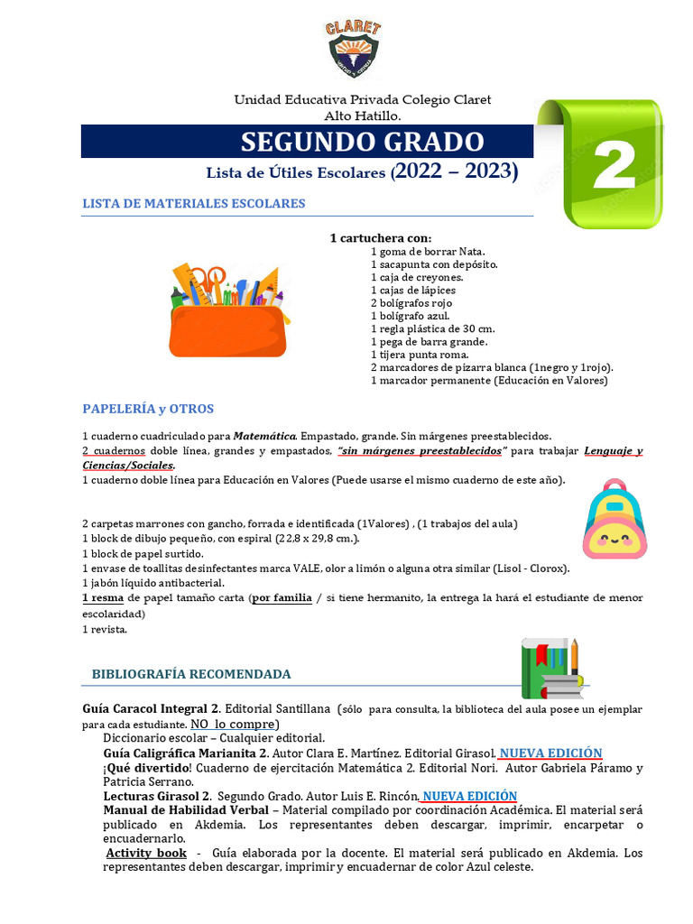 2do Grado Lista de Útiles Escolares 2022 2023 | PDF | Zapato | Moda