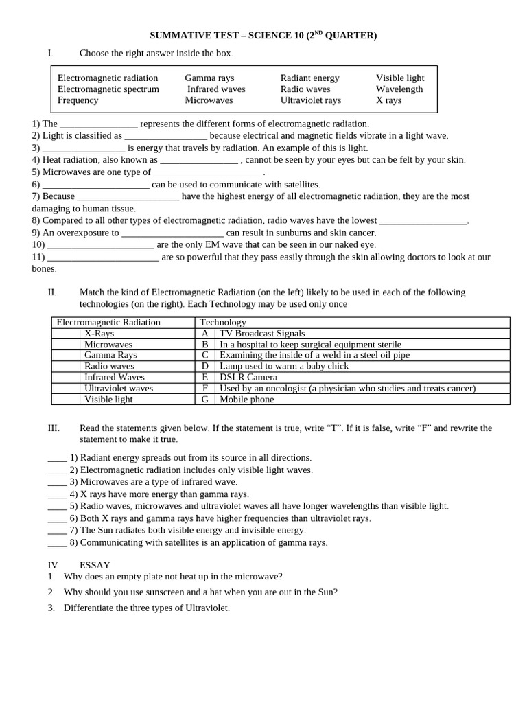 SUMMATIVE TEST-em Spectrum 2nd Quarter | PDF | Electromagnetic ...