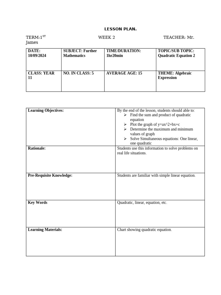 Year 11 Quadratic Equations Lesson Plan | PDF | Equations | Quadratic Equation